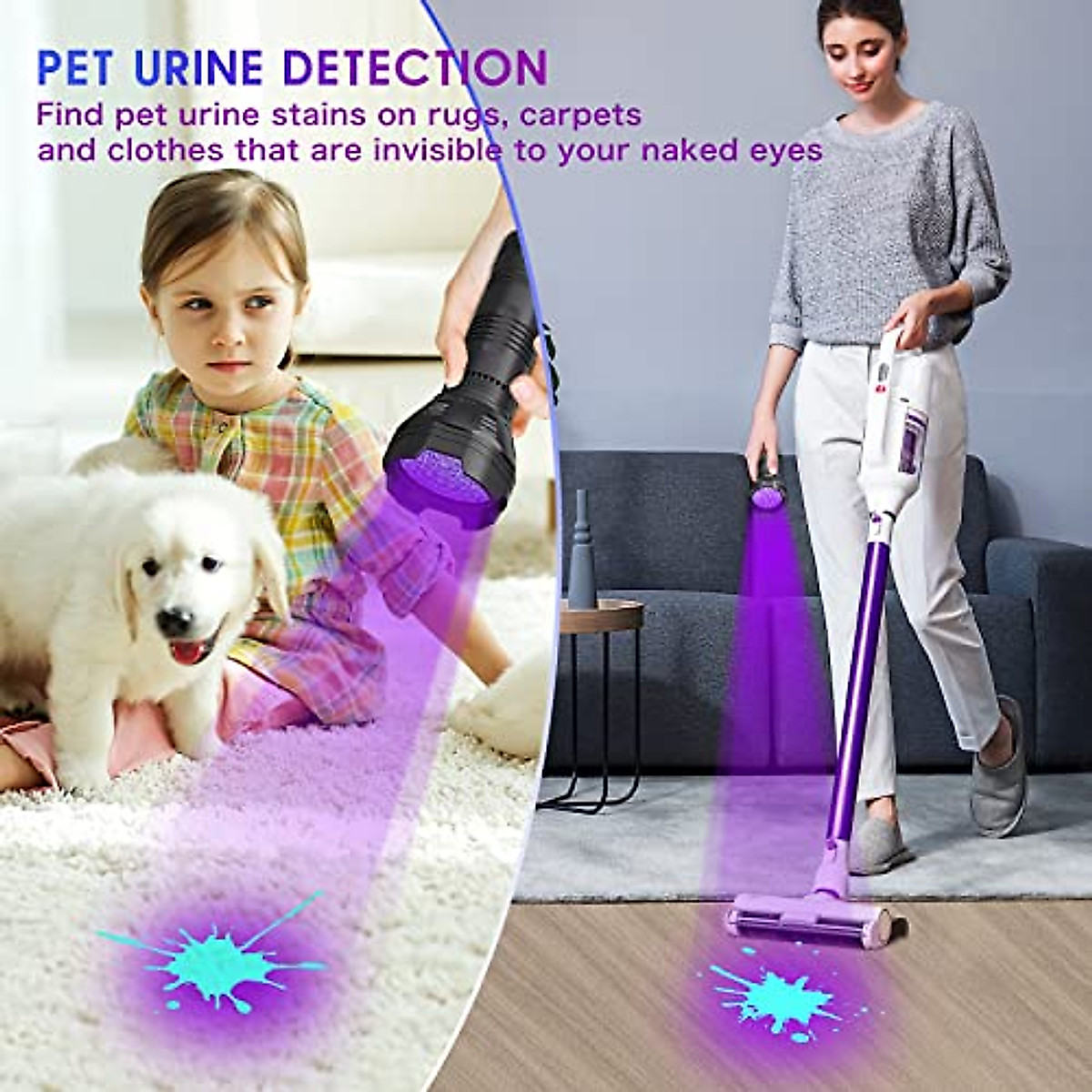 UV Flashlights 51 LED 365-395nm Black Light Flashlite, Rechargeable Blacklight for Pet Urine Detection,Resin Curing,Dry Stains,Bed Bug,Scorpion, Dog/Cat Urine Detector Light Match with Odor Eliminator