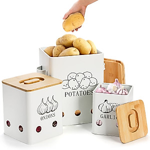 WUWEOT 3 Pack Vegetable Storage Tins, Metal Onion Garlic Potato Jars Set, Kitchen Canisters Vegetable Keeper Containers with Aerating Holes and Wooden Lid