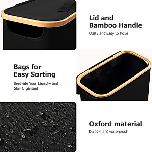 joybest 63L Slim Laundry Hamper with Lid, Black Narrow Laundry Basket with Removable Inner Bag & Bamboo Handles, Skinny Dirty Clothes Hamper for Bathroom, Bedroom & Laundry Room