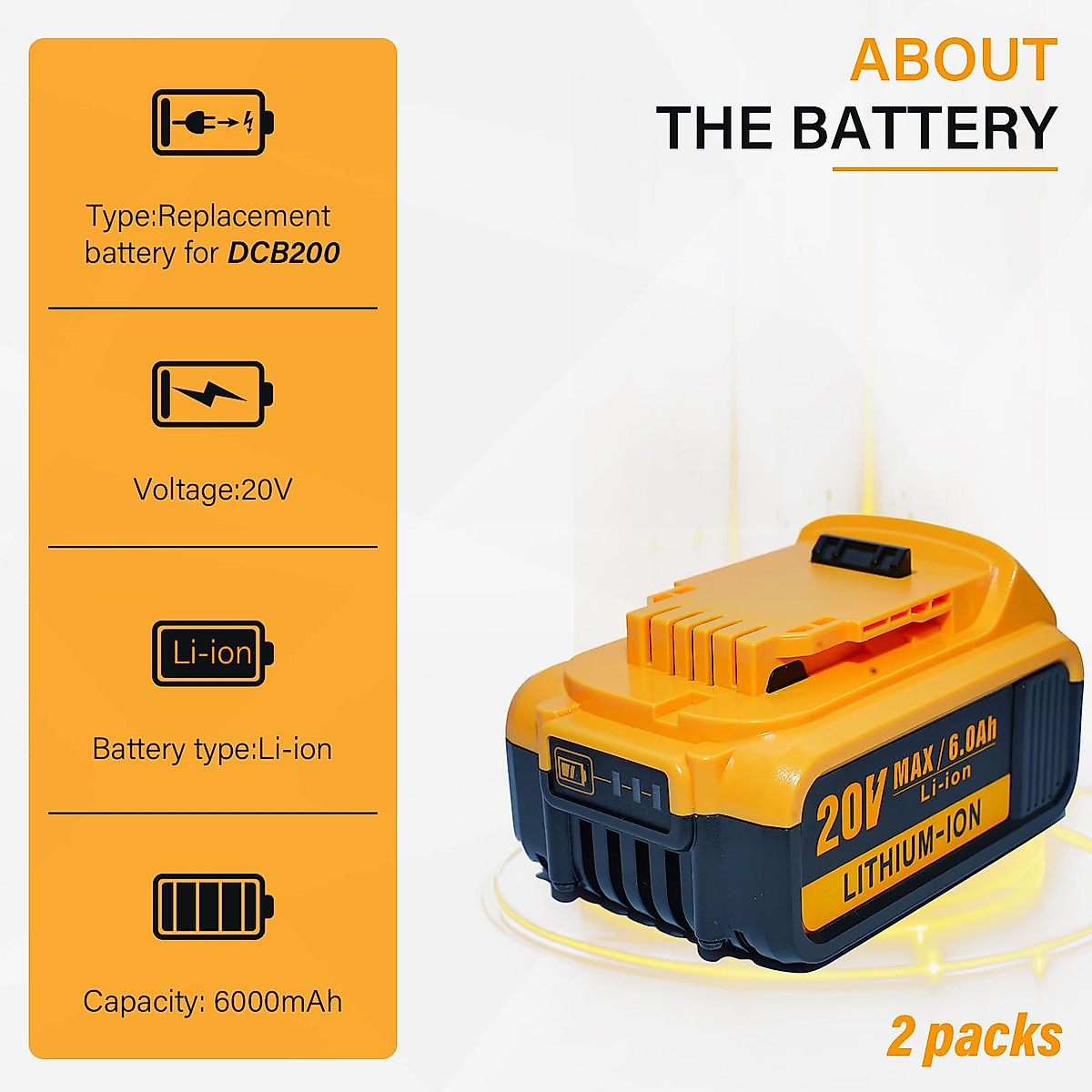 Fanshara 2packs Replacement Battery Dewalt 20v Max Battery 6ah Compatible with Dewalt Cordless Power Tools DCB200 DCB201 DCB204 DCB206 DCD/DCF/DCG/DCS Series