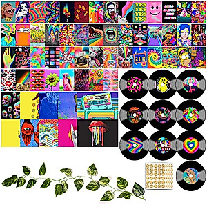Indie Aesthetic Room Decor for Teens Bedroom- 70 PCs Wall Collage Kit Hippie Posters Tiktok Cool Stuff for Girls, Trippy Pictures Records for Wall & Artificial Vine Cute Retro Vintage Home Decoration