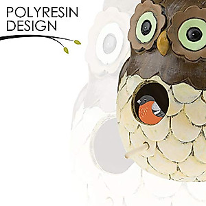Hanging Decorative Resin Bird House | Hand Crafted Outdoor Home & Garden Décor for Wild Birds, Hummingbird, Cardinal, Finch, Bluebird | Owl
