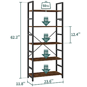 Yoobure 5 Tier Bookshelf - Tall Book Shelf Modern Bookcase for CDs/Movies/Books, Rustic Book Case Industrial Bookshelves Book Storage Organizer for Bedroom Home Office Living Room Rustic Brown