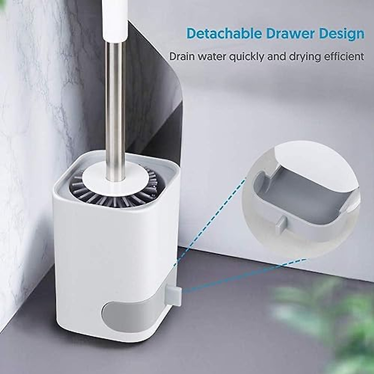 Toilet Brush and Holder Set, Bathroom Toilet Bowl Brush and Caddy Cleaner Anti Slip with Sturdy Soft Silicone Bristle Removable Water Drawer Quick Drying (White)