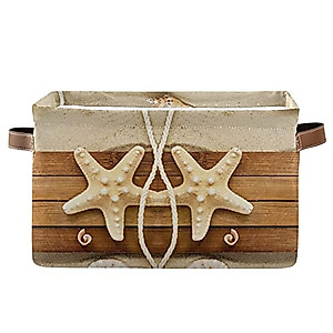 Storage Basket Wooden Beach Seashell Starfish Rectangle Foldable with Leather Handle Nursery Storage Bins Boxes Cube Organizer for Children Toys Books Clothes Home Bedroom