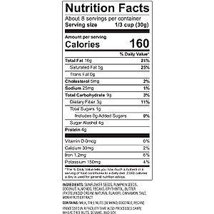 NuTrail Nut Granola Cereal, Cinnamon Pecan, No Sugar Added, Gluten Free, Grain Free, Keto, Low Carb, Healthy Breakfast 8 oz. 1 Count