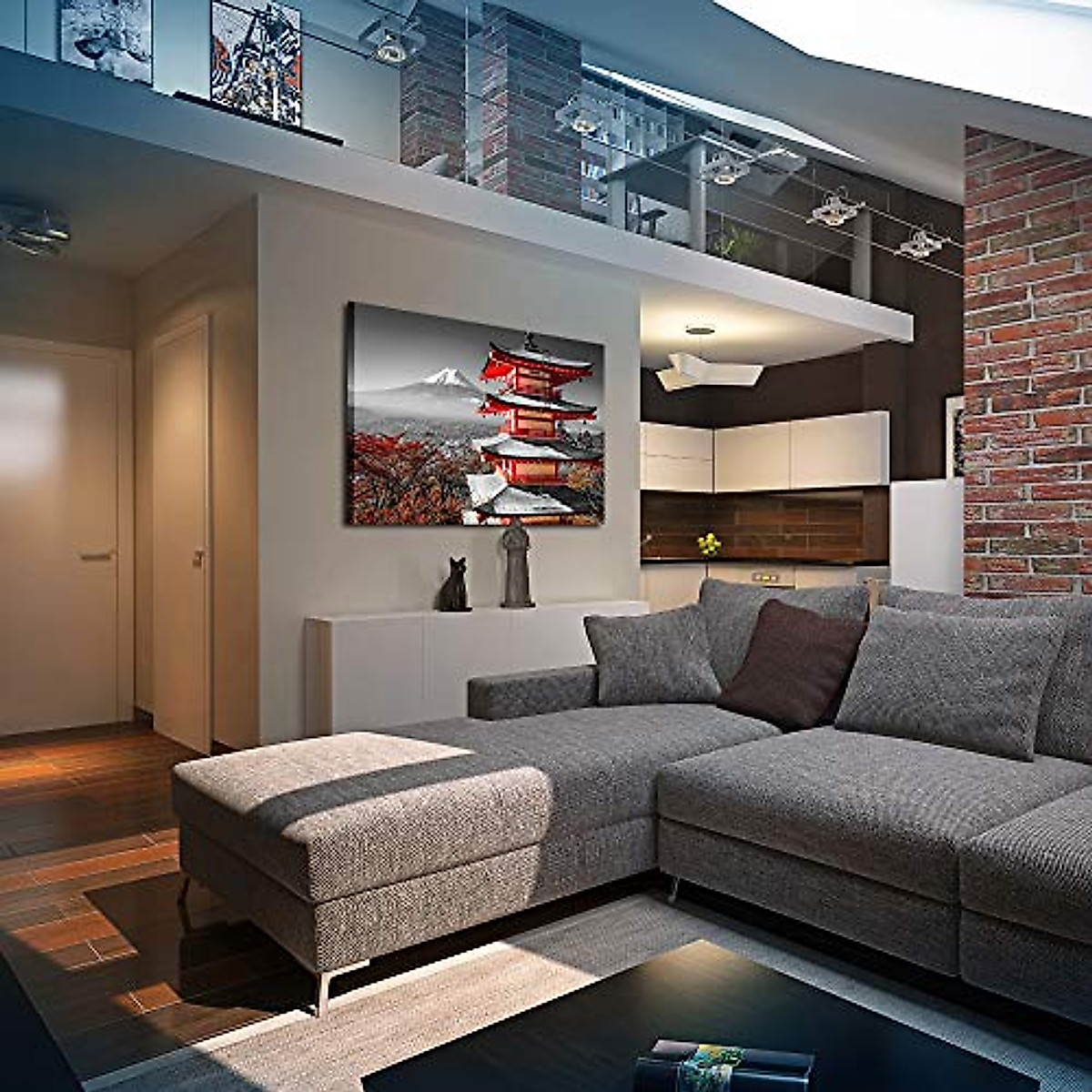 Kreative Arts Black and White Photograph with Pop of Red on a Japanese Temple in Autumn Canvas Prints Wall Art Fall Landscape Photo to Canvas Giclee Artwork with Frame Ready to Hang Home Decor 24x36inch