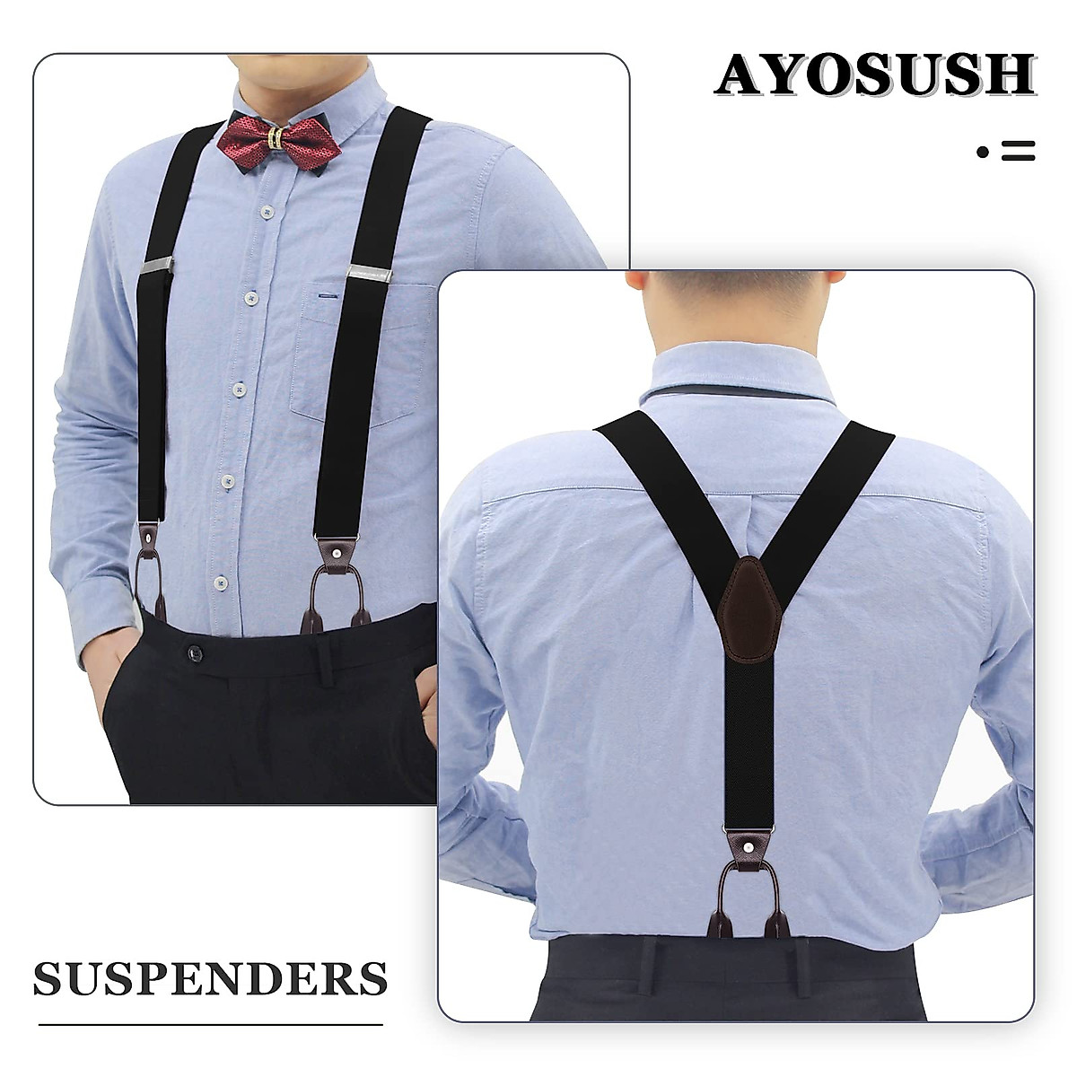 AYOSUSH Button Suspenders for Men Classic Tuxedo Braces Big and Tall Solid Color Black