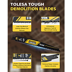 TOLESA 9 Inch 6/12 TPI Reciprocating Saw Blades for Wood and Nail-Embedded Wood Demolition, 5 Pack Bi-Metal Reciprocating Saw Blade for Fast & Smooth Cutting