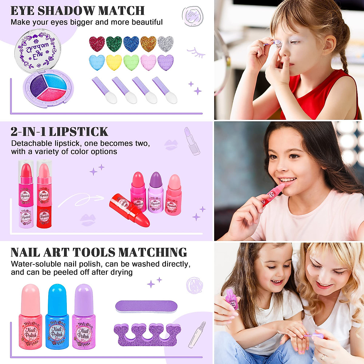 Kids Makeup Kit for Girls 44 Pcs Washable Makeup Kit,Real Cosmetic for Little Girls (Lilac)