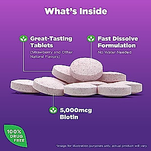 Natrol Beauty Biotin 5000mcg, Dietary Supplement for Healthy Hair, Skin, Nails and Energy Metabolism, 90 Strawberry-Flavored Fast Dissolve Tablets, 90 Day Supply