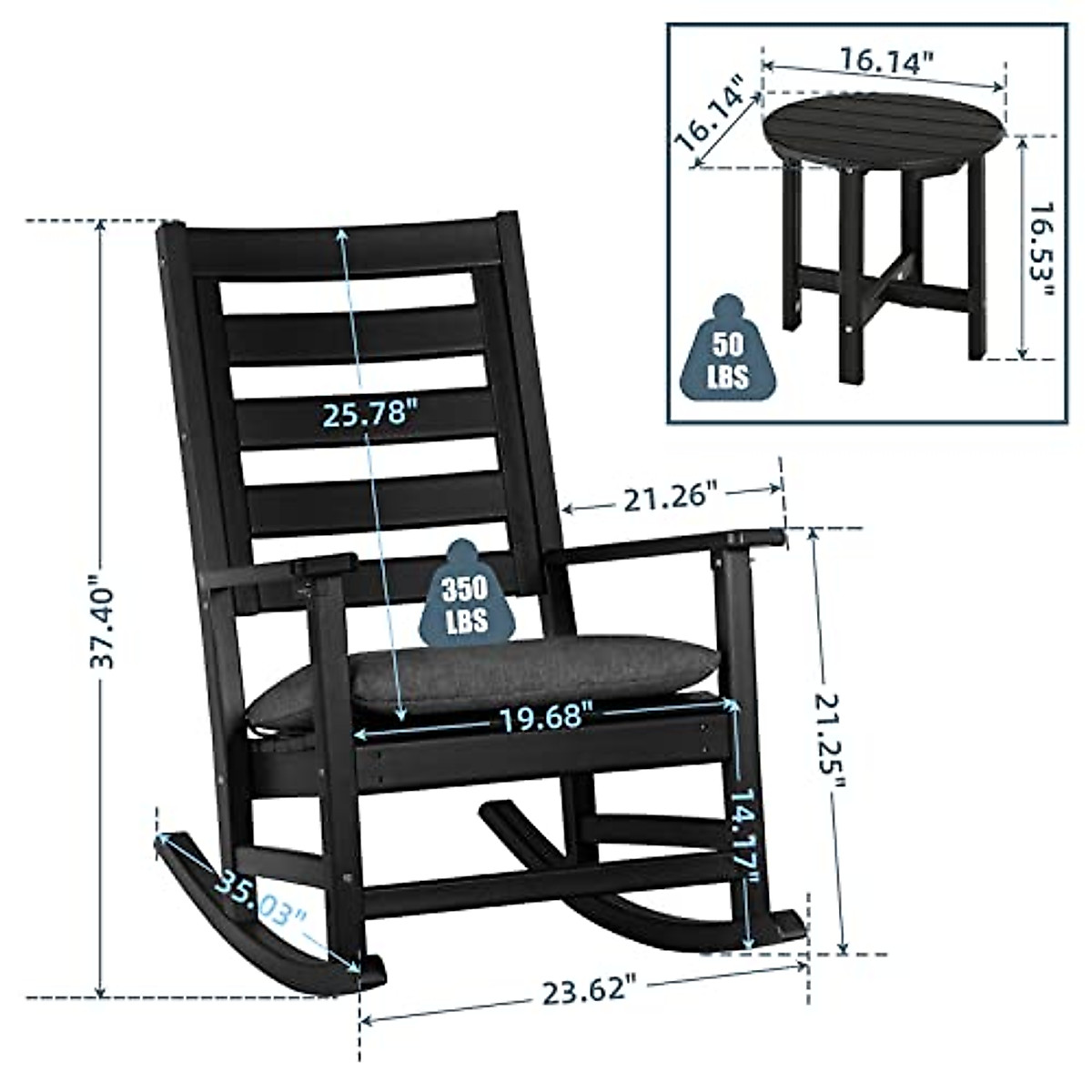 Patio Rocking Chair Outdoor 2-Piece, All Weather Resistant Comfort Rocker Chair, Porch Rocker Table Set w/Cushion of Detachable Cover, Both Outdoor and Indoor, for Patio Living Room Lawn Garden