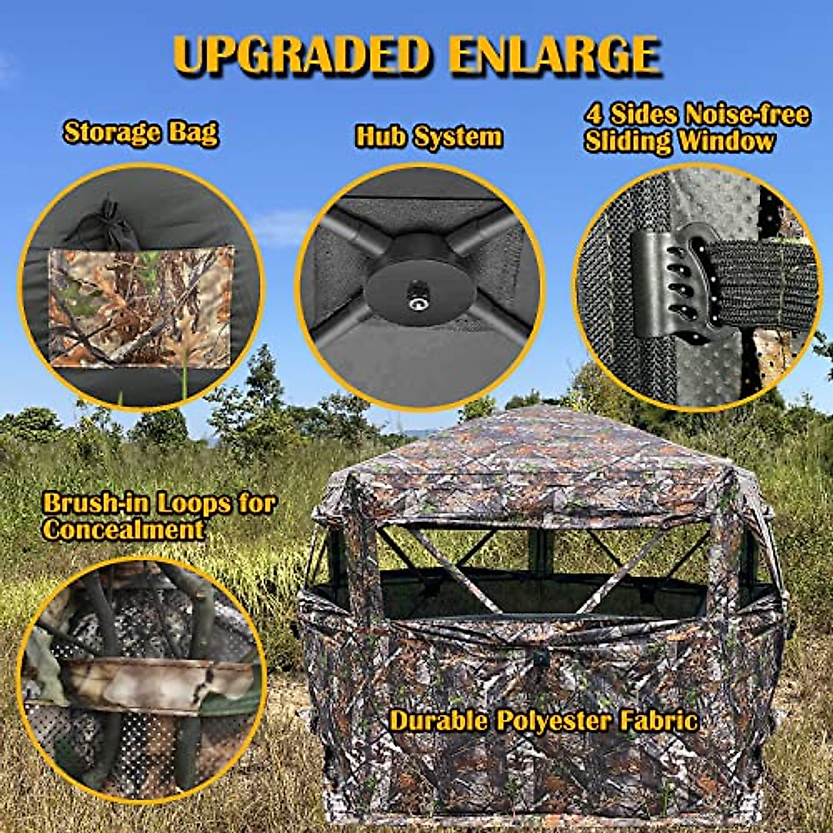 CROSS MARS Extra Large Tall 3-4 Person 5-Sided Hunting Blind 288 Degree See Through Ground Camouflage Portable Pop Up Turkey Deer Blinds Tent