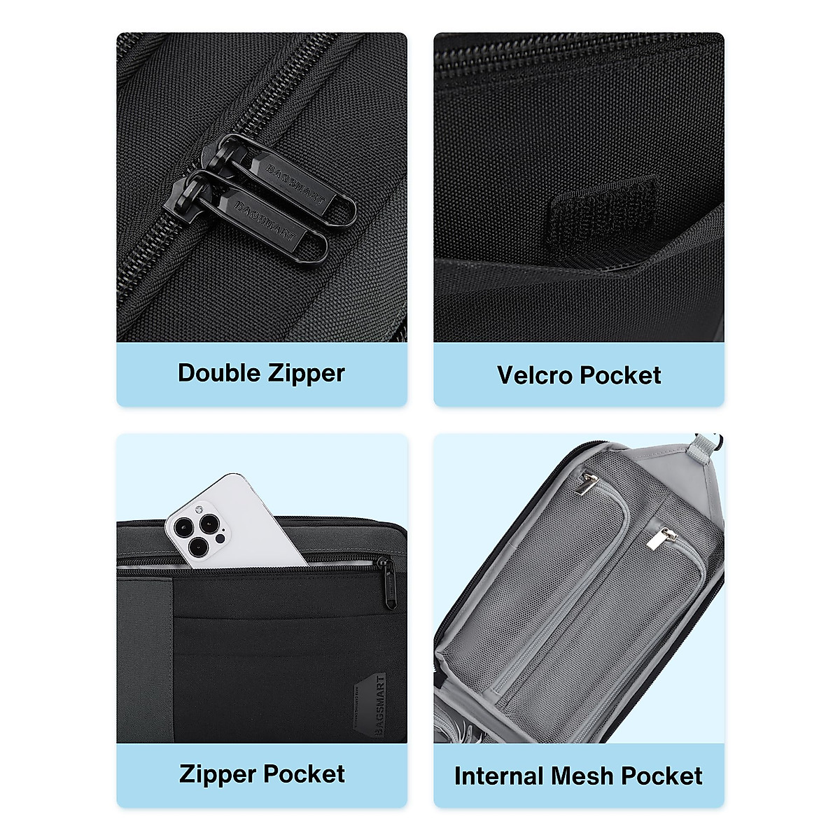 BAGSMART Travel Toiletry Bag, Toiletry Bag for Women and Men with Hanging Hook, Water-resistan Dopp Kit Door Room Essentials Makeup Cosmetic Bag, Shaving Bag Organizer for Traveling, Camping Black