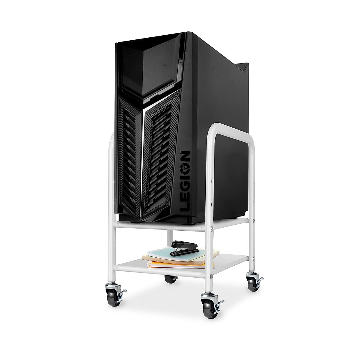 360Tronics Computer Tower Stand White, 2-Tier Height Adjustable Desktop PC Stand for Carpet, Mobile Tower Cart Under Desk, Full Metal Rolling CPU Holder with 360° Locking Wheels for Office Home