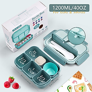 Bento Box Adult Lunch Box for Men Women, Bento Lunch Box for Kids Boys Girls School, Lunch Containers for Adults with 4 Compartments, Utensil Set, Sauce Container, Muffin Cup, Green