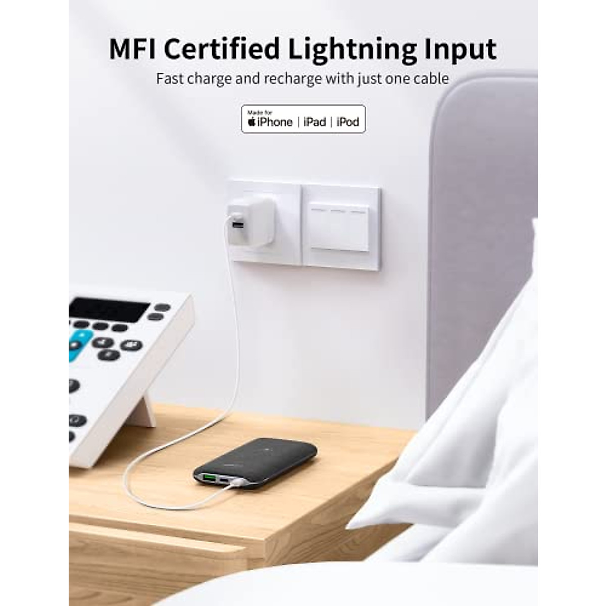MOMAX Wireless Portable Charger, 10000mAh MFi Power Bank Lightning Input 20W PD QC 3.0 USB C External Battery Pack 2 Input & 3 Output Phone Charger for iPhone, Airpods, Samsung, Android (Dark Grey)