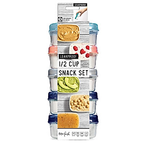 Fit & Fresh Cup Snack Set, Set of 5 Reusable Portion Control Containers, BPA-Free, Microwave/Dishwasher Safe, Multicolored Lids, 9.5" x 4.25" x 3.5", Green