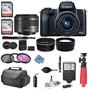 Canon EOS M50 Mirrorless Digital Camera (Black) Premium Accessory Bundle with EF-M 15-45mm is STM Lens (Graphite) + Cmera Case + 64GB Memory + HD Filters + Lenses + Extreme Electronics Cloth (Renewed)