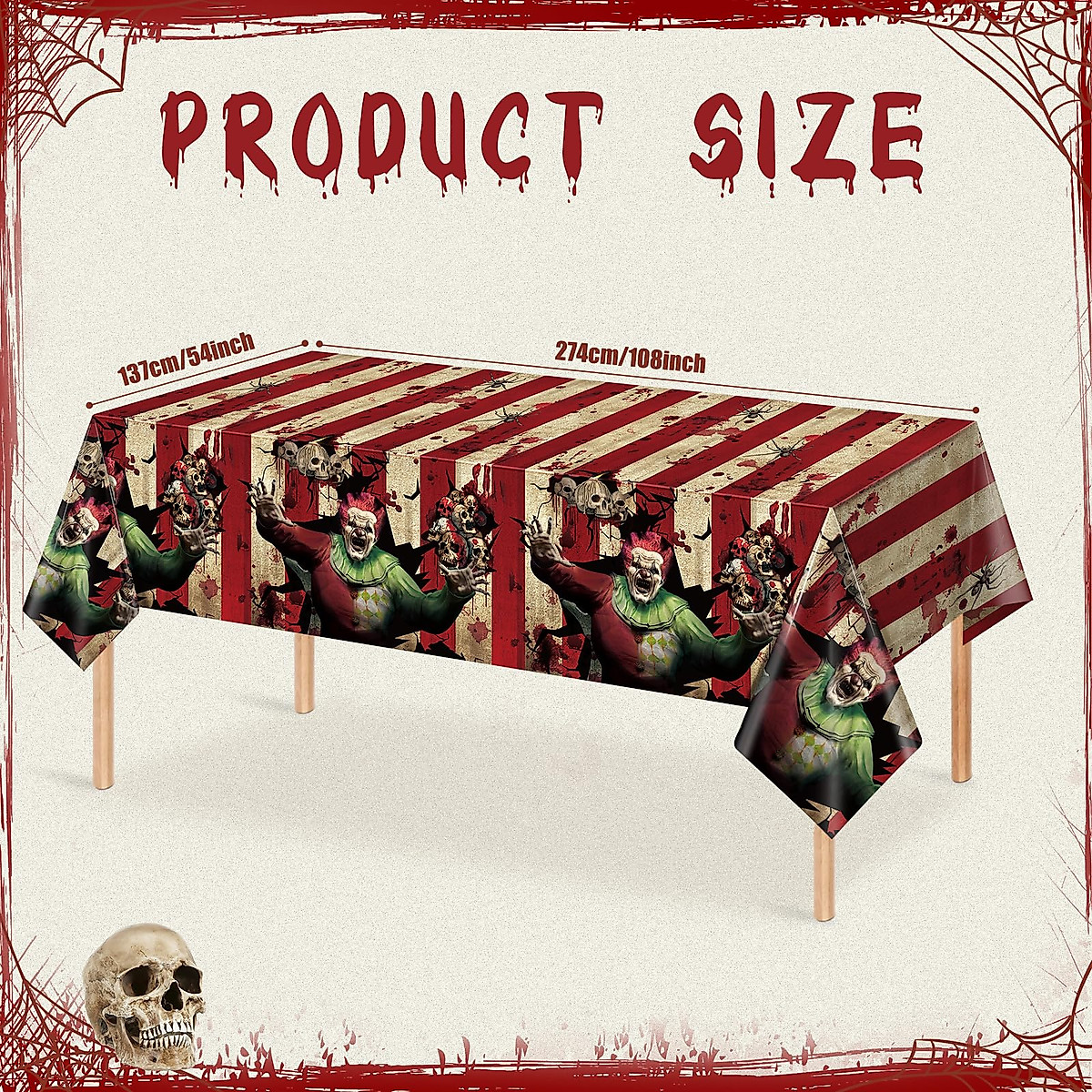 3Pcs Halloween Evil Circus Theme Tablecloth Decoration,Plastic Horrible Evil Clown Background Photography,Creepy Skull Decor Banner for Halloween Carnival Haunted House Party Supplies,54x108 inches
