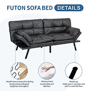 MUUEGM 71" Sofa Bed with Memory Foam,Futon Sofa Bed with Adjust Backrest and Armrest, Couches for Living Room,Studios, Apartments, Dormitories, Offices and Game Rooms. Matt Black Leather Sofa
