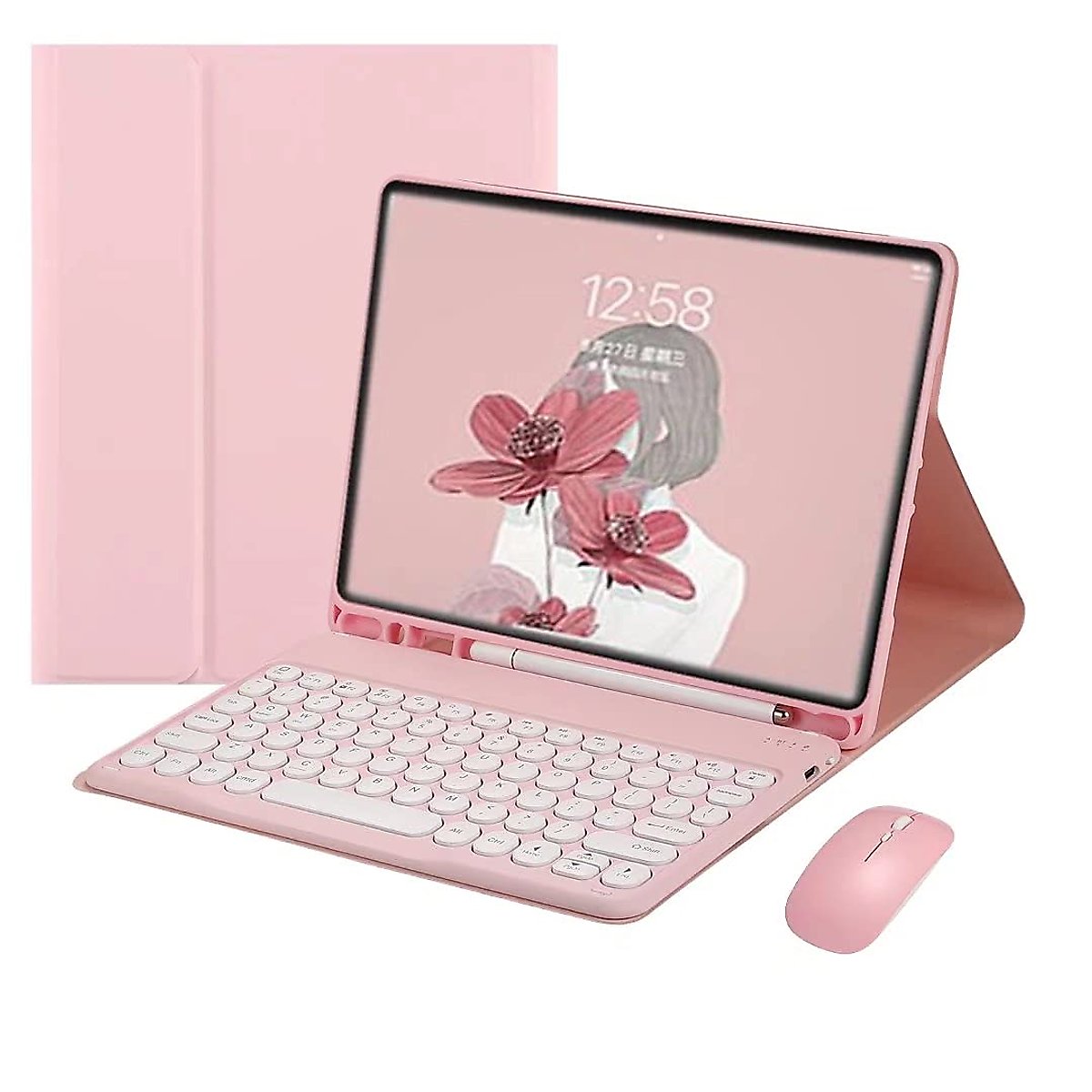 Keyboard Case for iPad Mini 7th/6th Generation 8.3 Inch, Case for iPad Mini 7 A17 Pro/Mini6 Keyboard with Mouse, Cute Round Key Detachable Keyboard Case with Pencil Holder, Pink