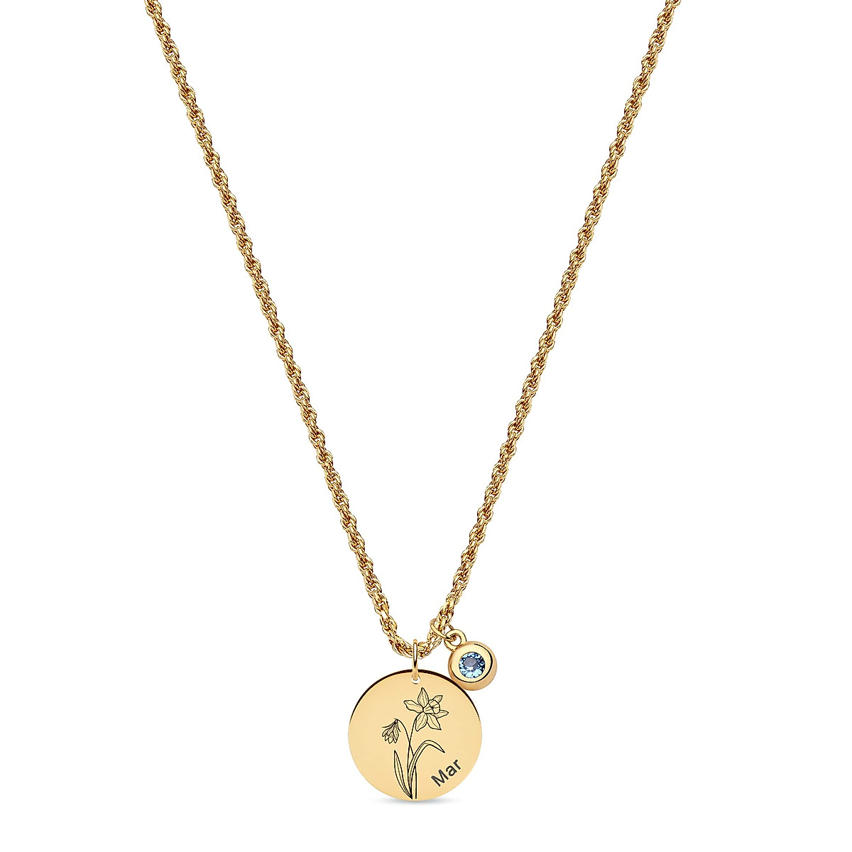 Fettero Birth Flower Necklace Gold Coin Stamp Dafodil Pendant Birthstone Aquamarine Month March 18K Gold Vacuum Plated Dainty 2MM Twist Rope Chain Simple Personalized Jewelry for Women