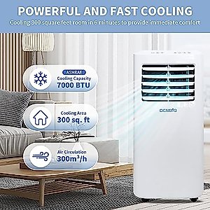 7,000 BTU Portable Air Conditioner, 3-in-1 Portable AC with Cooling/Dehumidifier/Fan/Sleep Modes for Rooms Up to 300 Sq. Ft, with 24-Hour Timer & Remote Control & Window Mount Kit