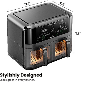 CHEFMAN 6 Quart Dual Basket Air Fryer Oven with Easy View Windows, Sync Finish, Hi-Fry, Auto Shutoff, 2 Independent 3Qt Nonstick Dishwasher Safe Frying Baskets, Digital Double Air Fryer - Black