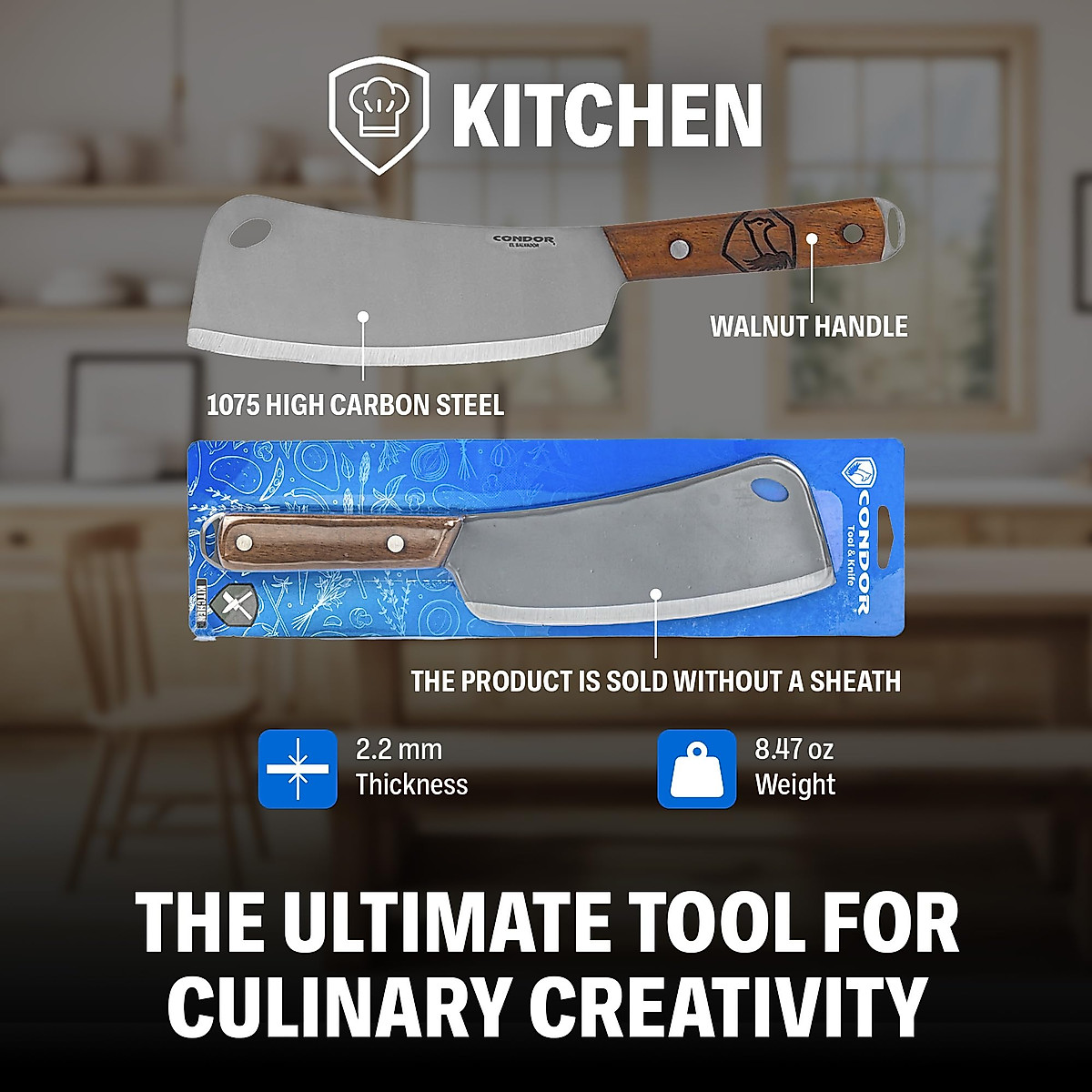 Condor Tool & Knife Cleaver Knife | Full Tang Butcher Knife with a Blasted Satin Finish | 1075 High Carbon Steel Meat Cleaver with a Walnut Rivet Handle | 7.17 in Blade | 8.47oz (2.2mm Thick)