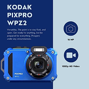 Kodak PIXPRO WPZ2 Rugged Waterproof 16MP Digital Camera with 4x Optical Zoom (Blue) Bundle with Koah Nostrand Gadget Bag, Floating Camera Strap (Yellow), and 32GB UHS-I microSDHC Memory Card (4 Items)