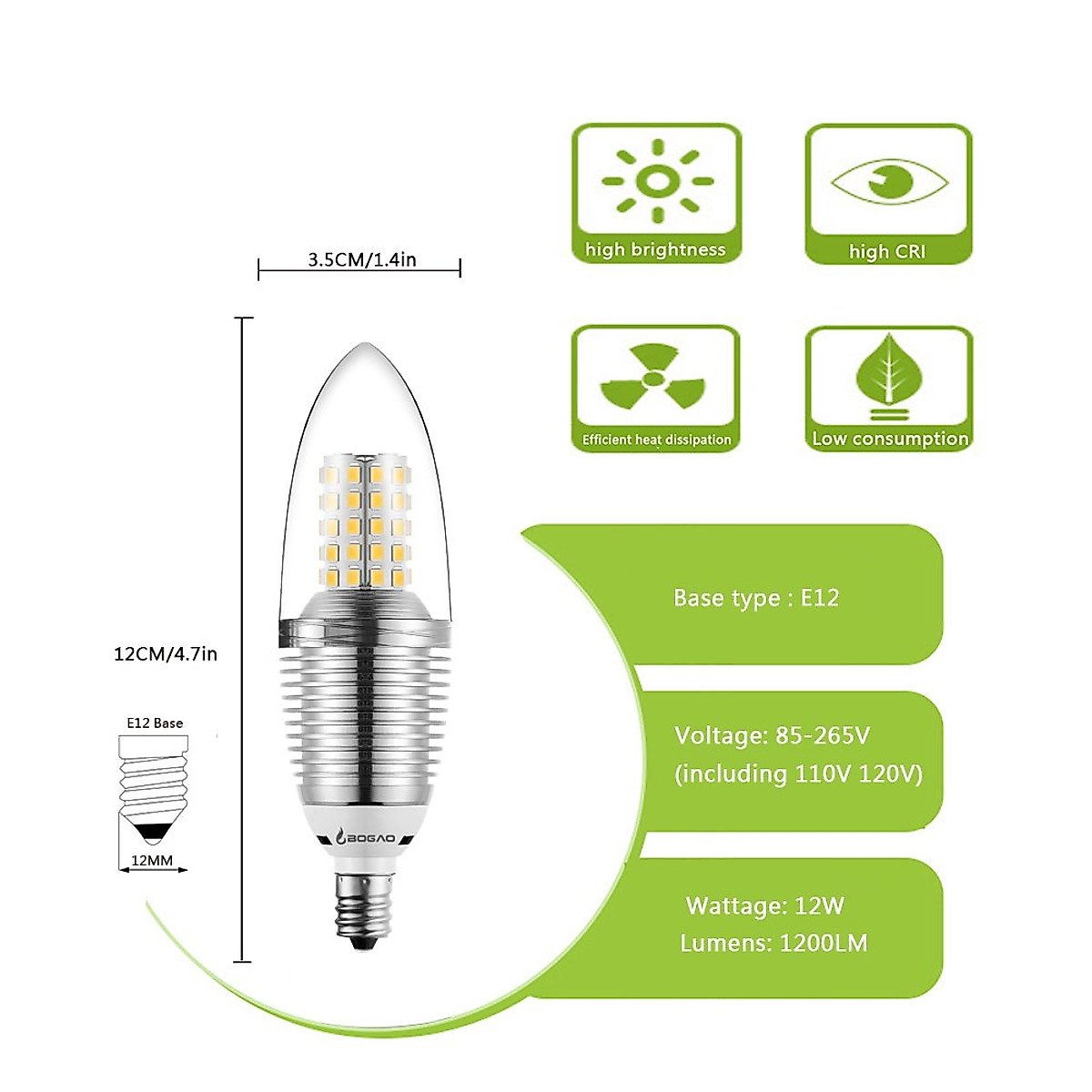 Bogao E12 LED Candelabra Bulb, 12W Daylight White 6000K LED Candle Bulbs, 80-100 Watt Light Bulbs Equivalent, E12 Candelabra Base,1200 Lumens LED Lights,Torpedo Shape (4 Pack)