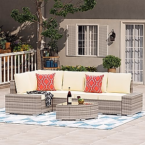 6 Pieces Patio Furniture Sets Outdoor Couch, Modular Rattan Outdoor Sectional Sofa Patio Set, All Weather Pe Wicker Patio Conversation Sets for Lawn, Garden, Backyard, Poolside
