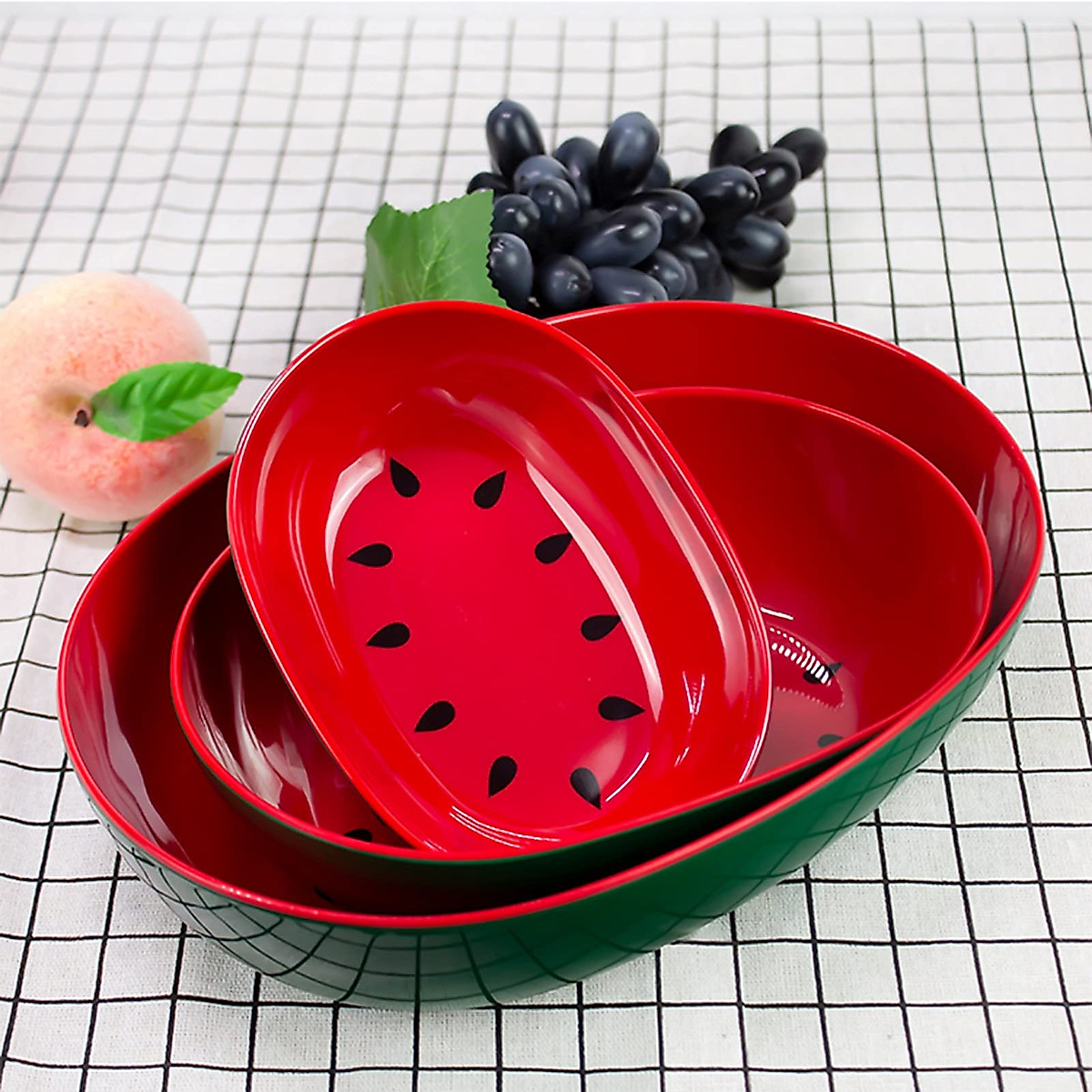 Three-piece Watermelon-style Fruit Plate-snack, Candy And Fruit Storage Tray, Sturdy Fruit Bowl For Indoor Living Room, Large, Medium And Small Three-piece Set (Color : Red)