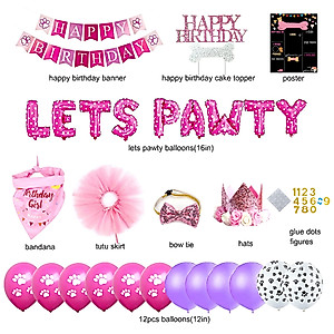 Dog Birthday Party Supplies, Dog Birthday Decorations Girl, Lets Pawty Balloons Banner, Hat Bandana Tutu Skirt for Small Medium Girl Dogs