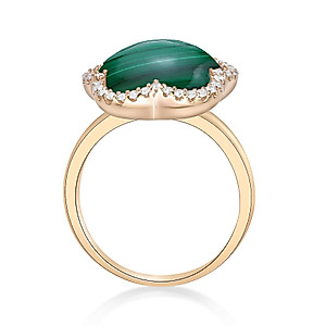 Lavari Jewelers Five Petal Flower Ring for Women - Classy Green Malachite & Cubic Zirconia in 925 Sterling Silver - Hypoallergenic Yellow Gold Plated - Anniversary Ring Size 6