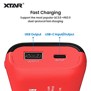 XTAR PB2S Type-C Dual-Role Fast Charger,Portable LCD Universal 18650 Battery Charger for 3.7V/3.6V Li-ion Rechargeable Battery 18650 18700 20700 21700 RED(No Battery)