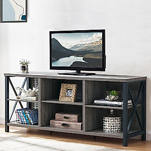 LVB Rustic Entertainment Center for 65 Inch TV, Industrial Wood TV Stand with Media Cabinet Storage, Farmhouse Metal Television Stands Console Table for Home Living Bedroom, Light Grey Oak, 55 Inch