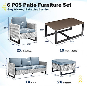 Belord 6 Piece Outdoor Furniture Patio Wicker Sofa Set, Oversize Outdoor Dining Chairs with Rattan Ottomans, Conversation Sets Patio Furniture Come with Removable Cushion Baby Blue, Light Grey