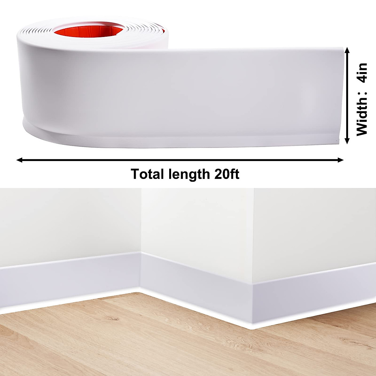 Flexible Baseboard Molding Trim, Vinyl Baseboard Molding 4 Inch x 20 Feet Self-Adhesive Peel and Stick Baseboard White for Wall Base Cove Base, Bedroom, Kitchen, Dining Room, Office, Rubber Baseboard