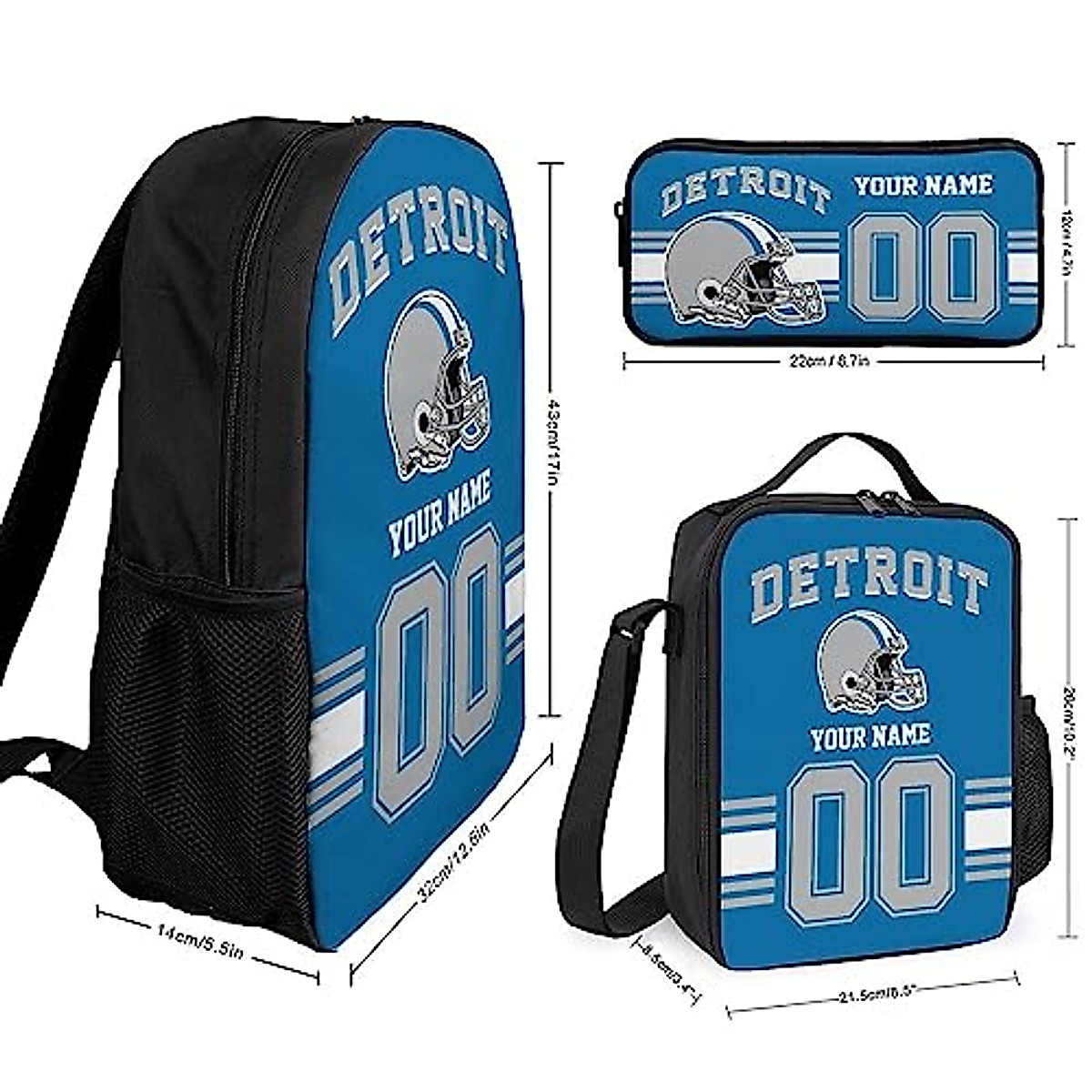 Midkepf Custom Detroit Backpack with Lunch Bag Pencil Case, Personalized Name and Number Backpacks Pencil Box Lunch Bags, Customize 3pcs Set Gifts for Men Women Fans