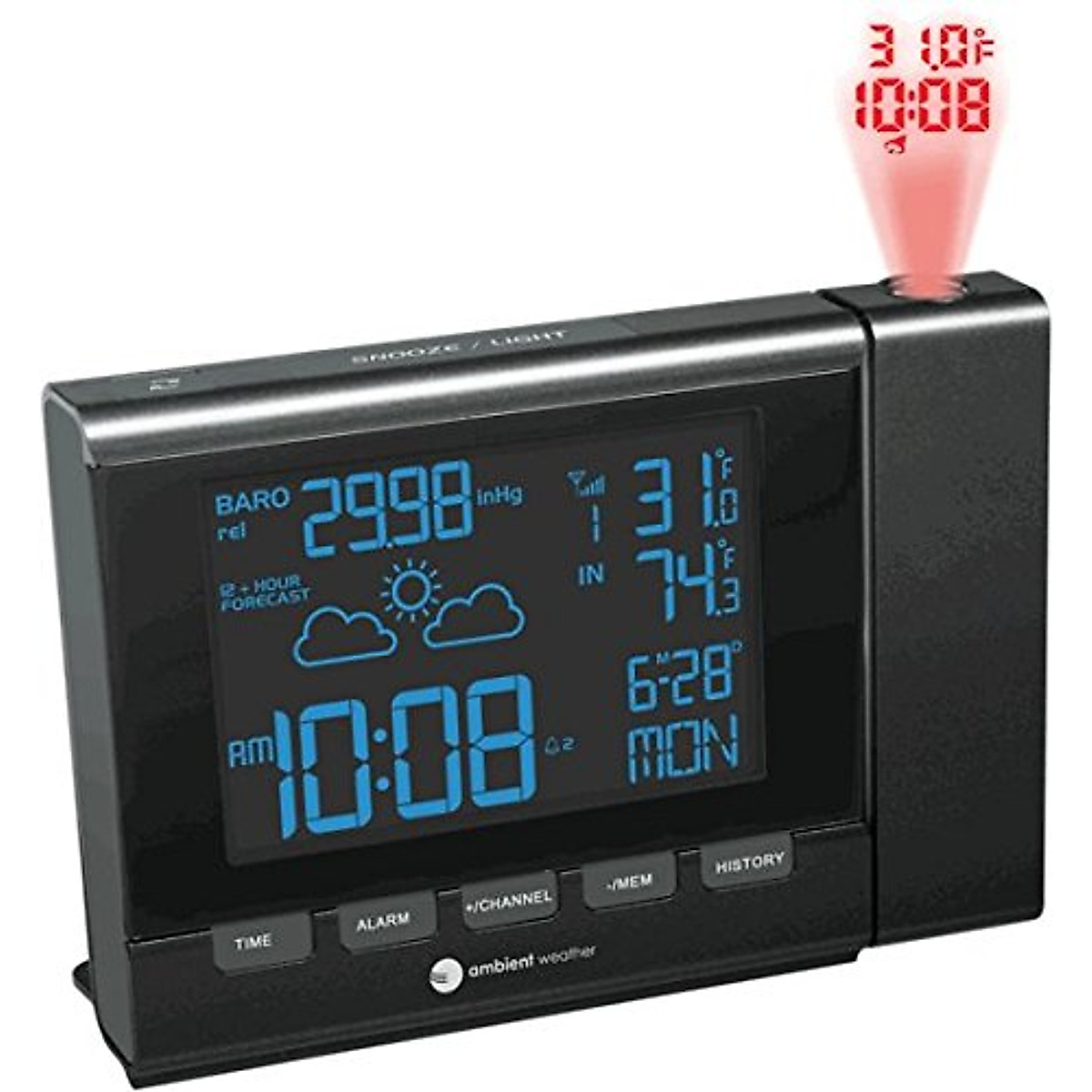 Ambient Weather RC-8401 Projection Clock with Forecast, Barometer, Atomic Clock and Indoor/Outdoor Temperature Color Changing Display