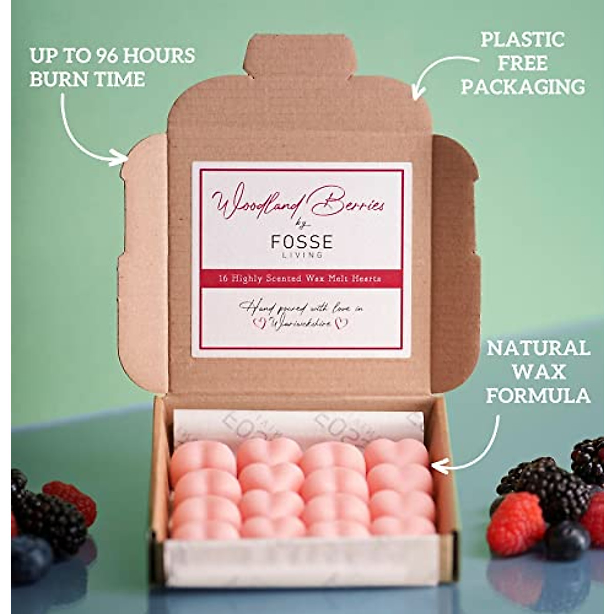Woodland Berries Wax Melts 16 Pack | Strong Scented Heart Shaped Soy Melts | Up to 96Hr of Scent Per Box | Hand Poured in The UK | Vegan & Plastic Free Long Lasting Candle Alternative