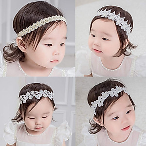Asufegucd Baby Headbands baptism Girls Newborn Lace Pearl Headbands Princess Girls Elastic Headwear Flower (White)