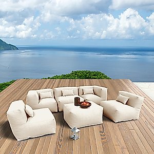 OPEAK Patio Furniture Set Bean Bag Chairs 6PC Outdoor Chairs Sectional Conversation Patio Set Daybed Furniture Outdoor Sofa Couch High Density Foam Filling Modern Comfy Patio Couch (Light Beige)