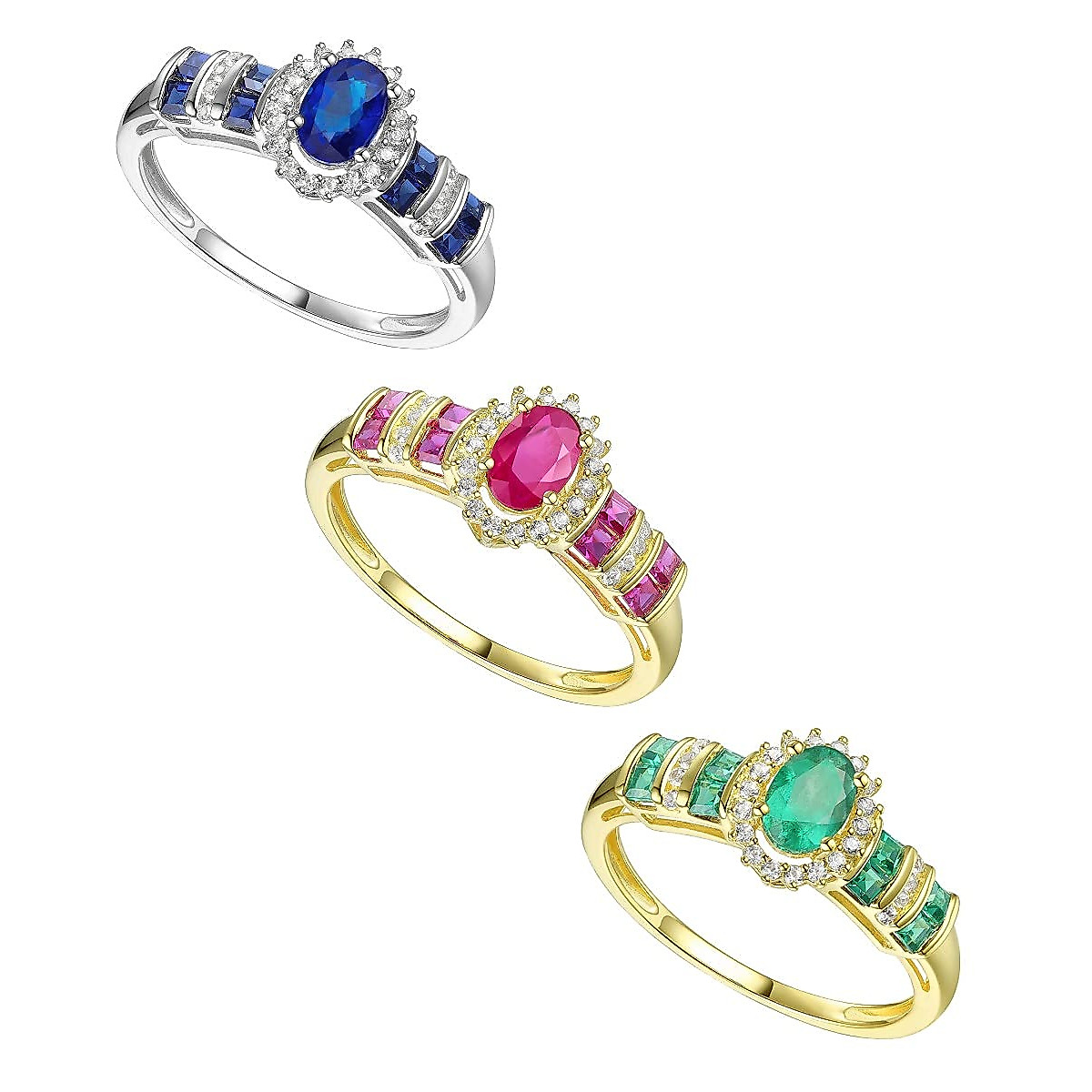 Tirafina Genuine Ruby and Diamond Ring, Alternating Design Of Genuine Gemstones and Diamonds, Center Stone Is Surrounded By Halo Of Diamonds, Gemstone Statement Ring, 14K Yellow Gold (Diamond 1/10 cttw)