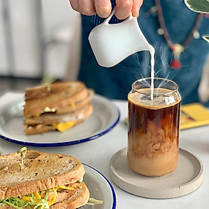 Weiei Beer Can Glasses with Bamboo Lids and Glass Straw 4pcs Set - 16oz, Wide Mouth Iced Coffee Cups with 4 Straws, Can Shaped Glass Cups, Reusable Glass Tumbler Boba Cup for Tea, Boba, Smoothie