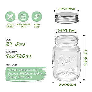 Spice Jars with Label 4oz 24Pcs, AuroTrends 4oz Glass Jars with Lids 24Pack Complete Set-Round Glass Spice Jars with Shaker Lids | Pre-printed Labels & Blank Labels | Chalk Marker | Straw Brush | Funnel