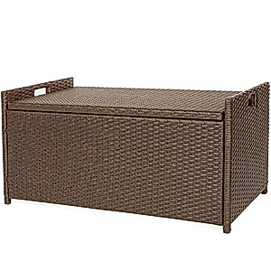 Victoria Young Resin Wicker Deck Box Storage Bench Container with Seat and Cushion Indoor and Outdoor Use, 60 Gallon, Espresso Brown