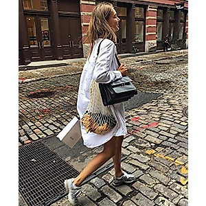 Ahyuan Ecology Reusable Cotton Mesh Grocery Bags 5Pack Long Hand Portable Washable Cotton Mesh String Organizer Shopping Bag Net Shopping Bags Net Tote Mesh Bags Fruit and Vegetable Bag (Beige)